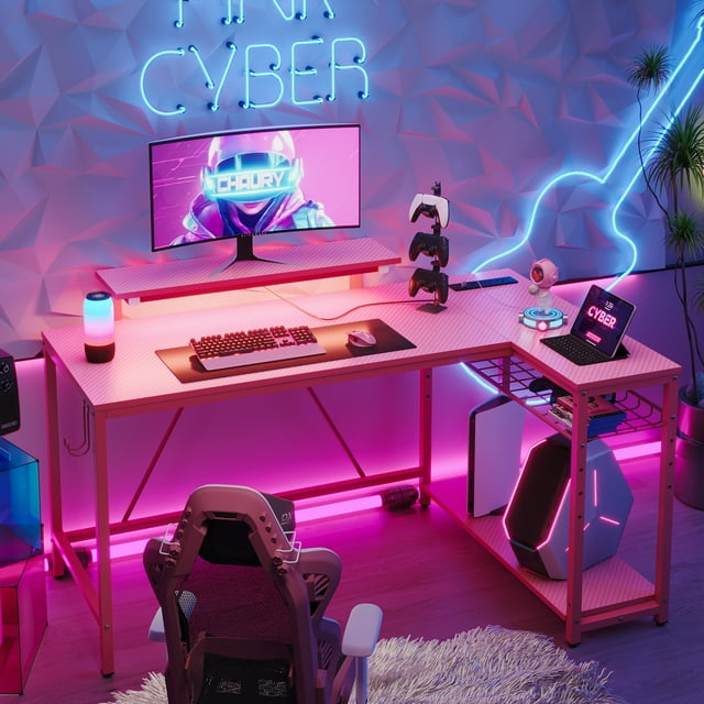 Bestier 52" Gaming Desk with LED Lights L Shaped Desk with Power Outlet ...