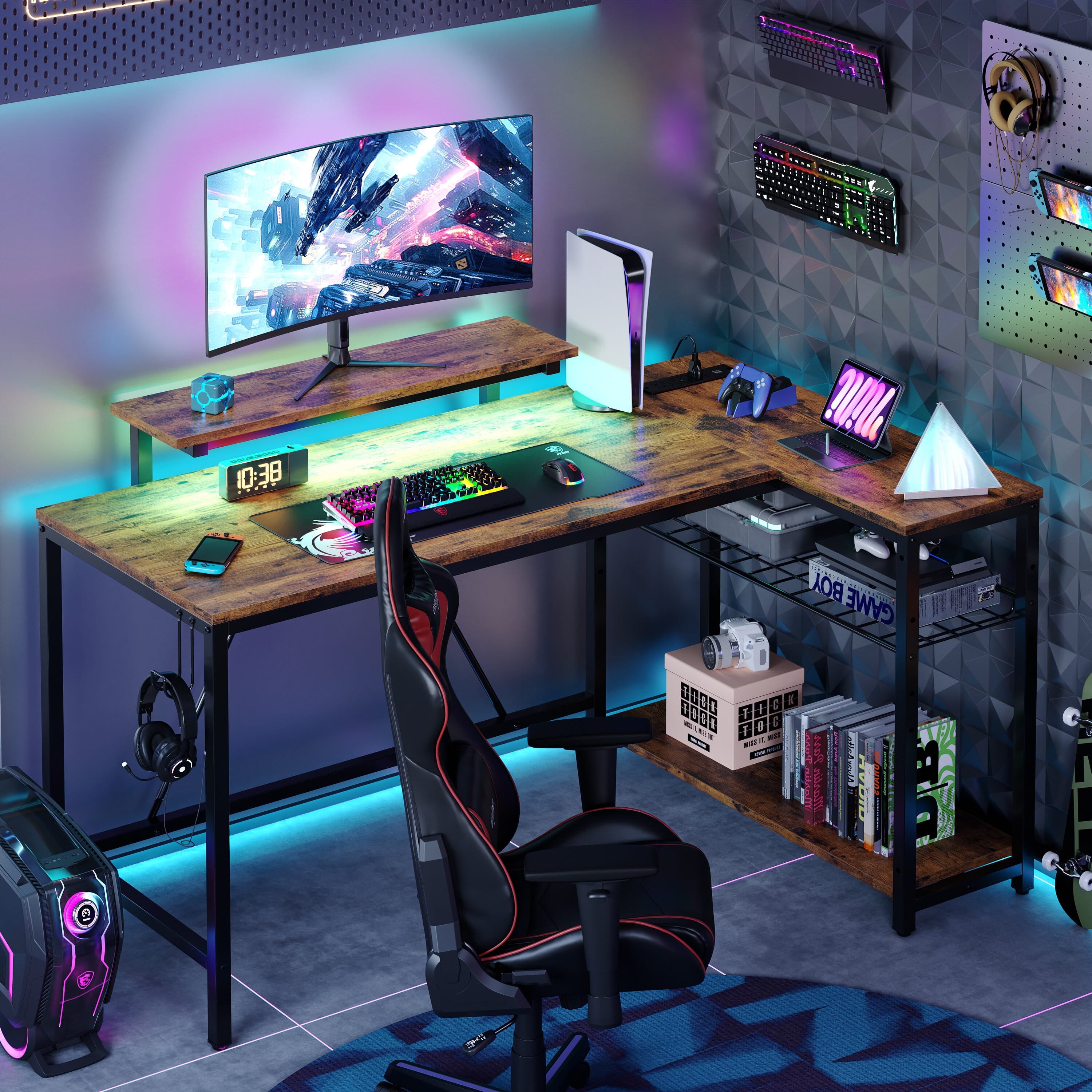 "Bestier 52"" L Shaped Gaming Desk with LED, Monitor Stand, Power ...