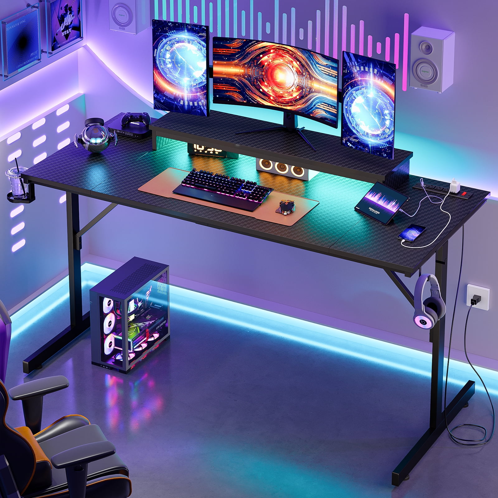 Bestier 52 inch Gaming Desk with Power Strip and LED Monitor Stand ...
