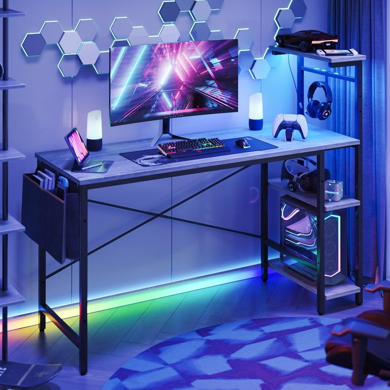 Bestier 52 inch Gaming Computer Desk with LED Lights Reversible Corner Desk with Shelves in Grey
