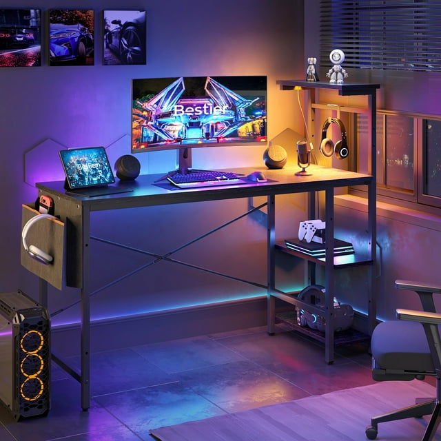 Bestier 52 inch Gaming Computer Desk with LED Lights & Shelves Black ...