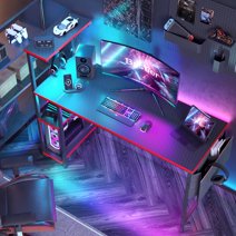 Bestier 52 inch Gaming Computer Desk with LED Lights & Shelves Pink ...