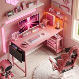 Bestier 52 inch Gaming Computer Desk with LED Lights & Shelves Pink ...