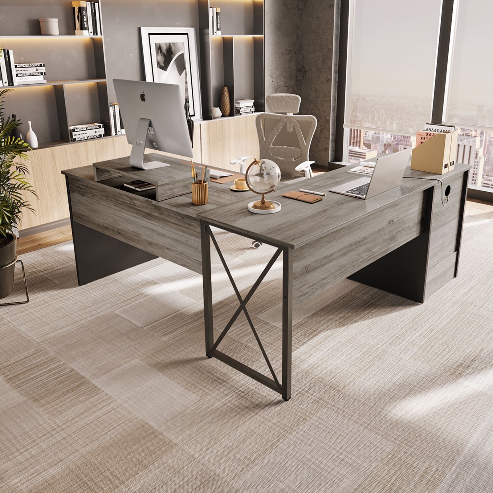 Bestier 55 inch L-Shaped Lift Top Desk with Storage, Sit to Stand ...