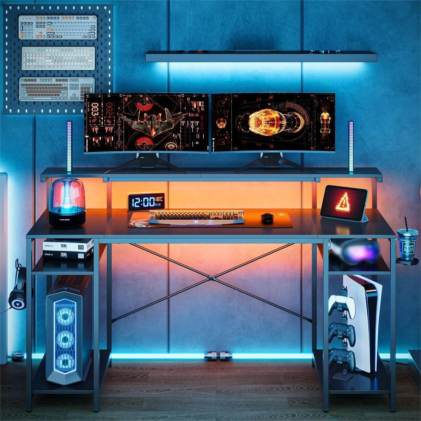 Bestier 55" Gaming Desktop Table with LED Light, Monitor Stand ...