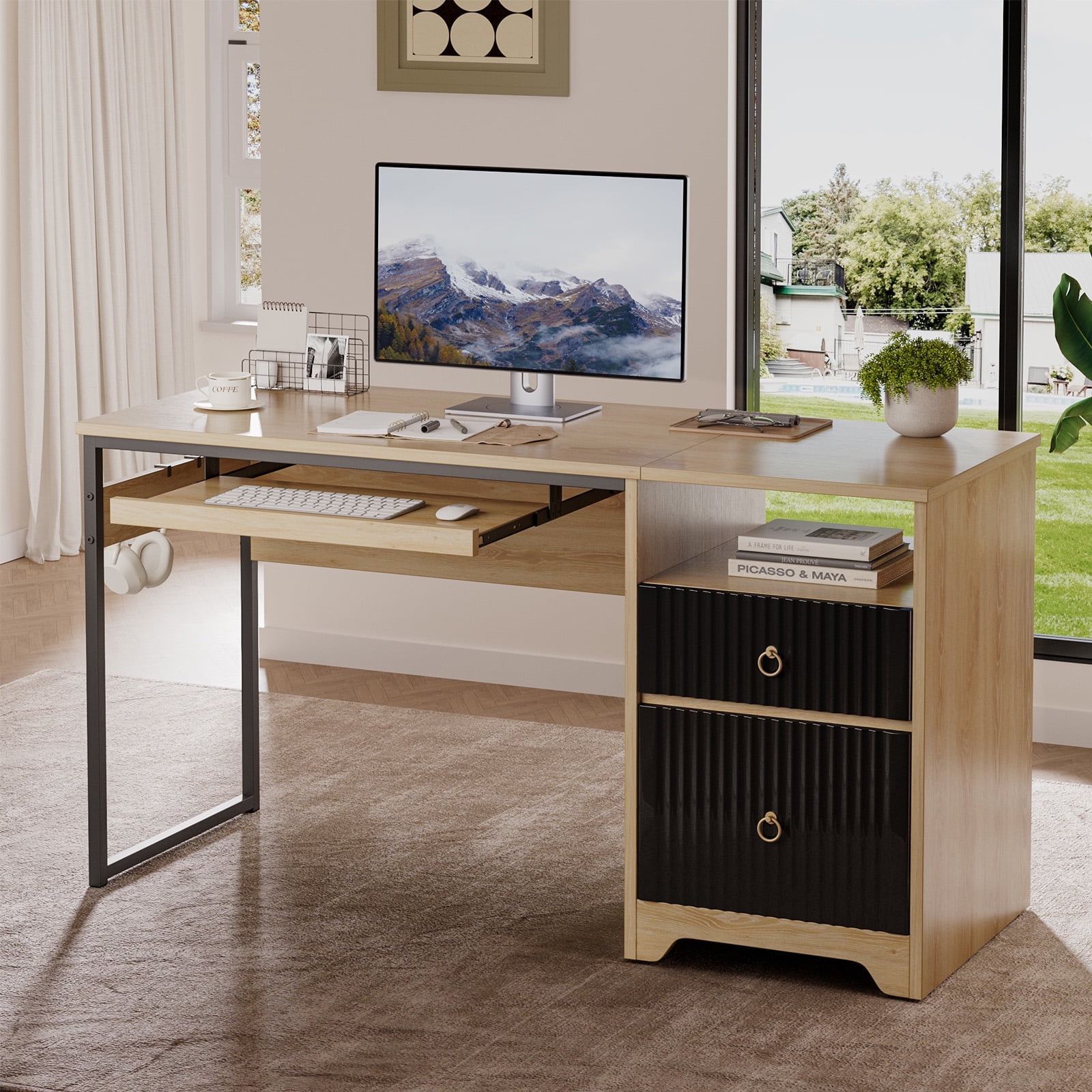 Bestier 55 Inch Office Desk, Modern Fluted Design, Drawers, Keyboard ...