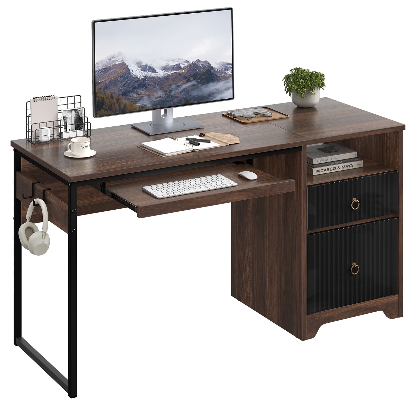 Bestier 55 Inch Office Desk with Drawers, Keyboard Tray, 2 Hooks ...