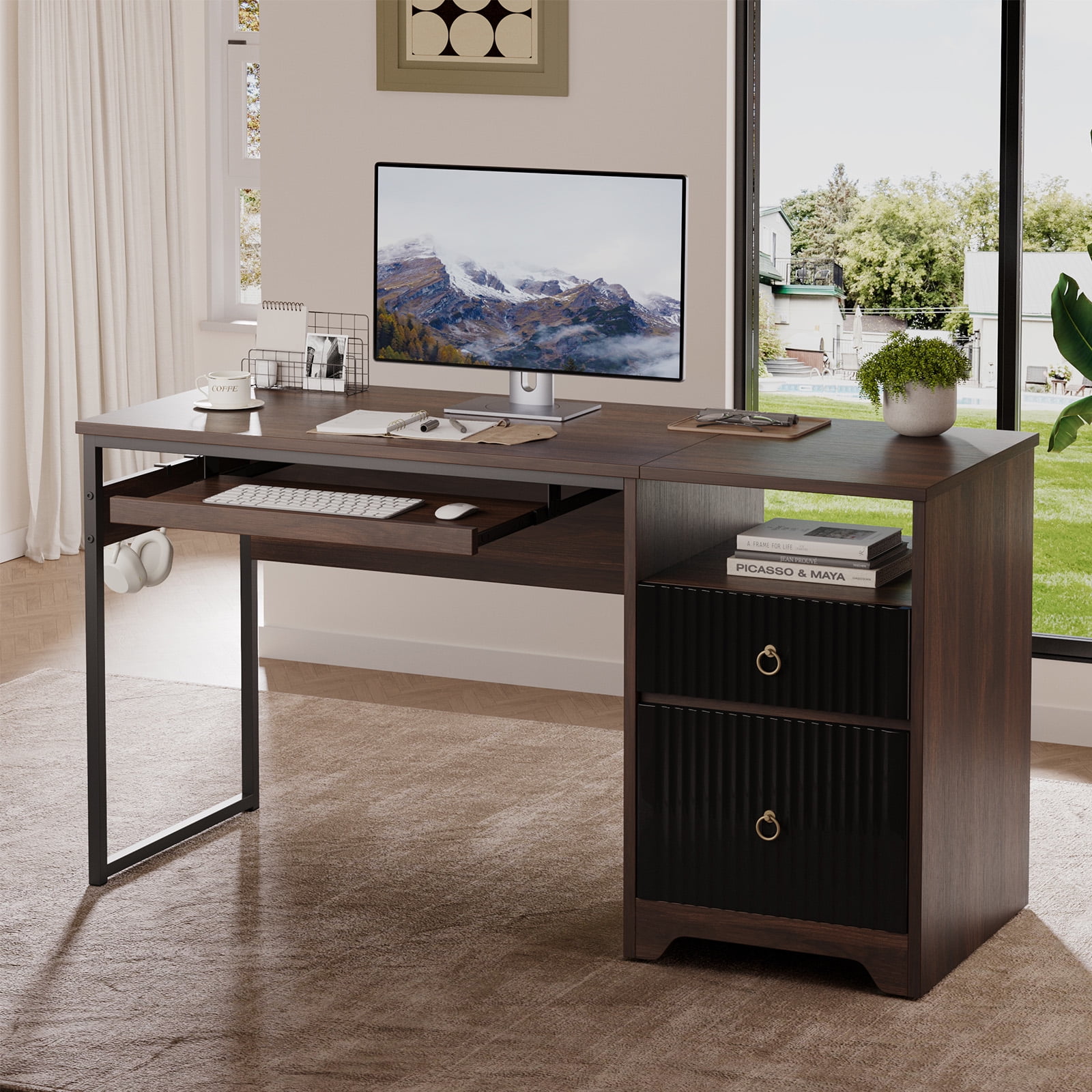Bestier 55 Inch Office Desk with Drawers, Keyboard Tray, 2 Hooks ...