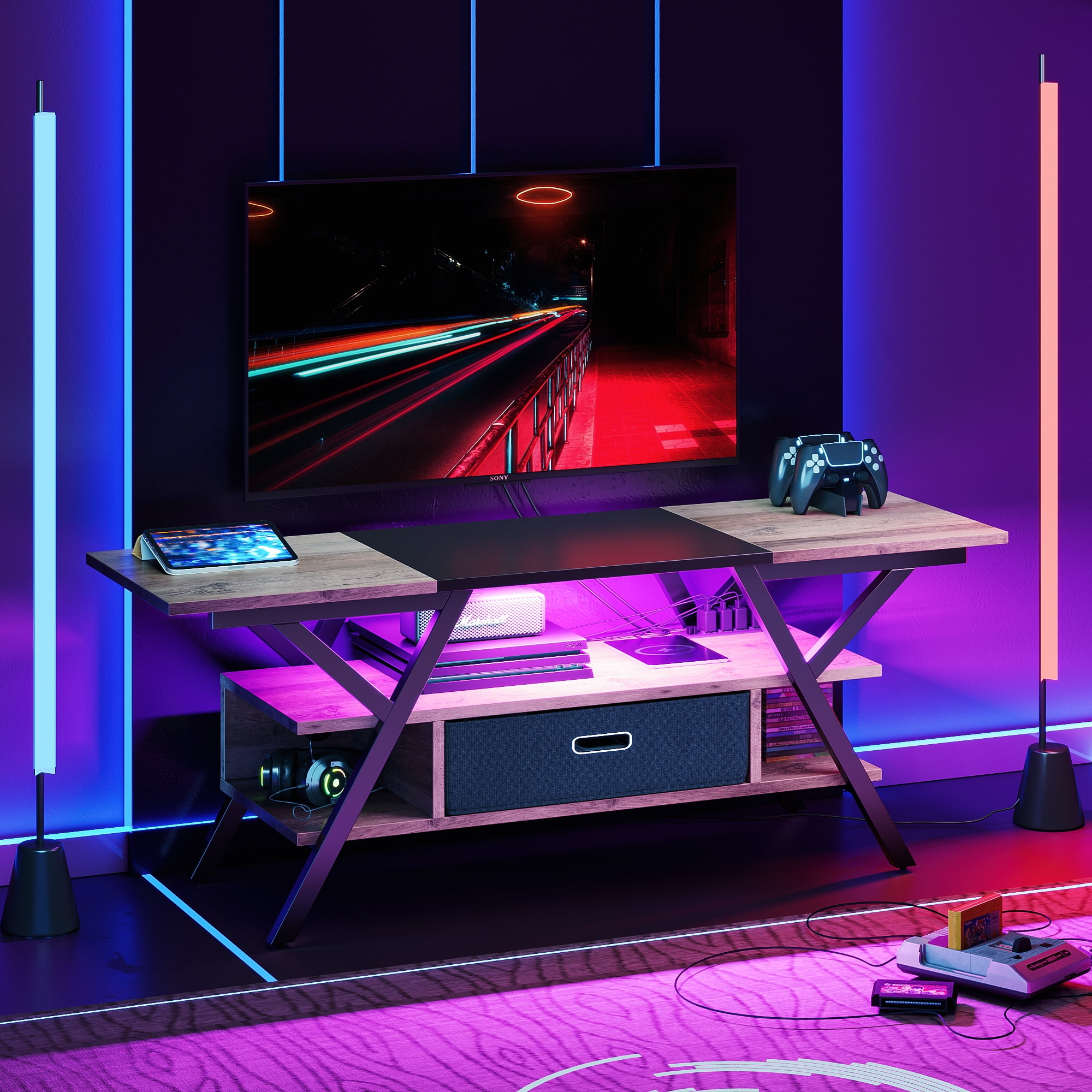 "Bestier Modern 55"" TV Stand with Power Outlets, LED Light, Gaming ...