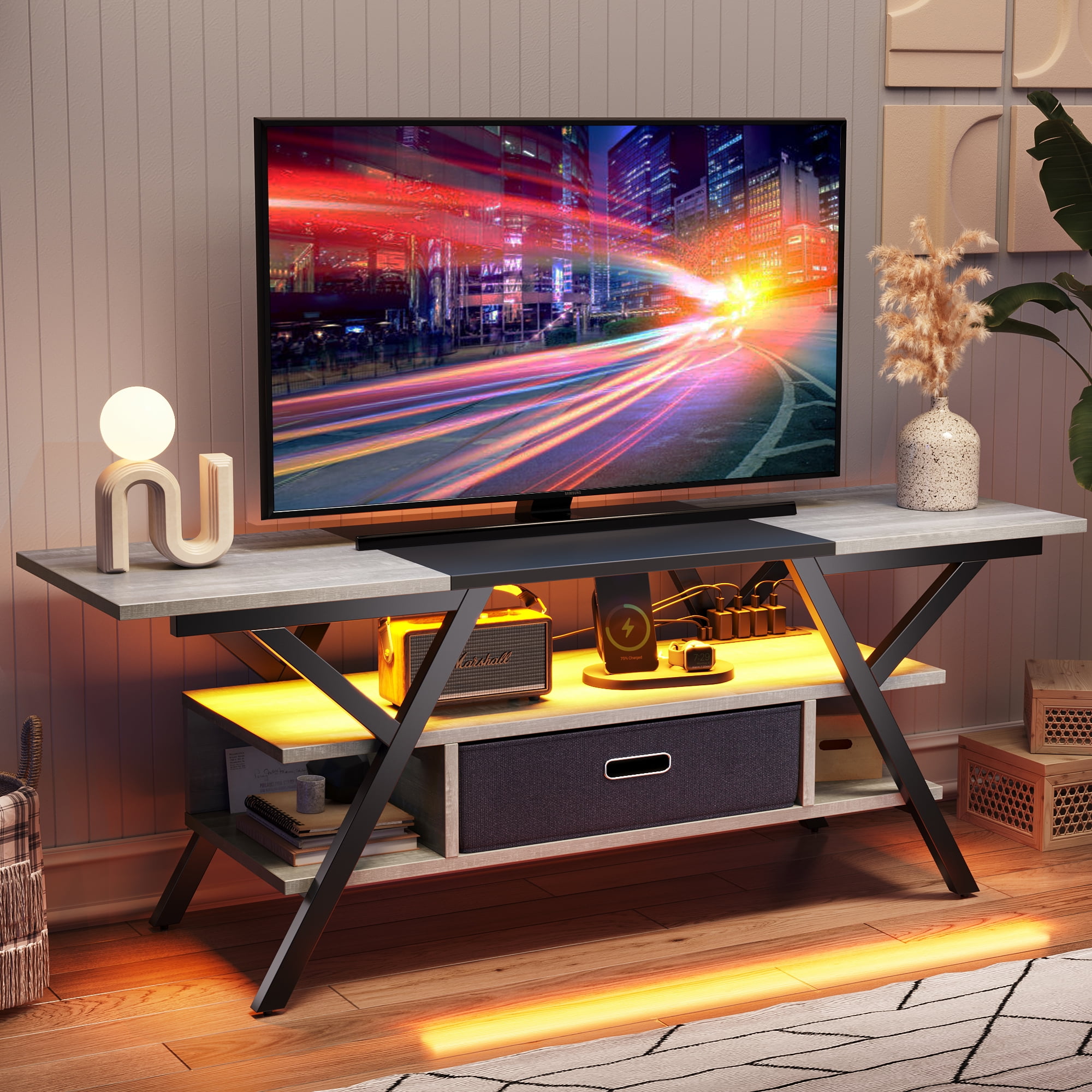 "Bestier Modern 55"" TV Stand with Shelves, Power Outlets, LED Light ...