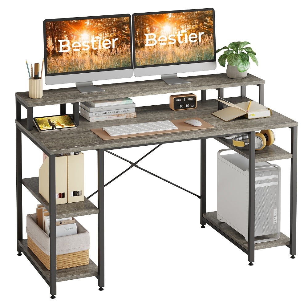 Bestier 55 inch Computer Desk with Monitor Shelf Home Office Desk Grey ...
