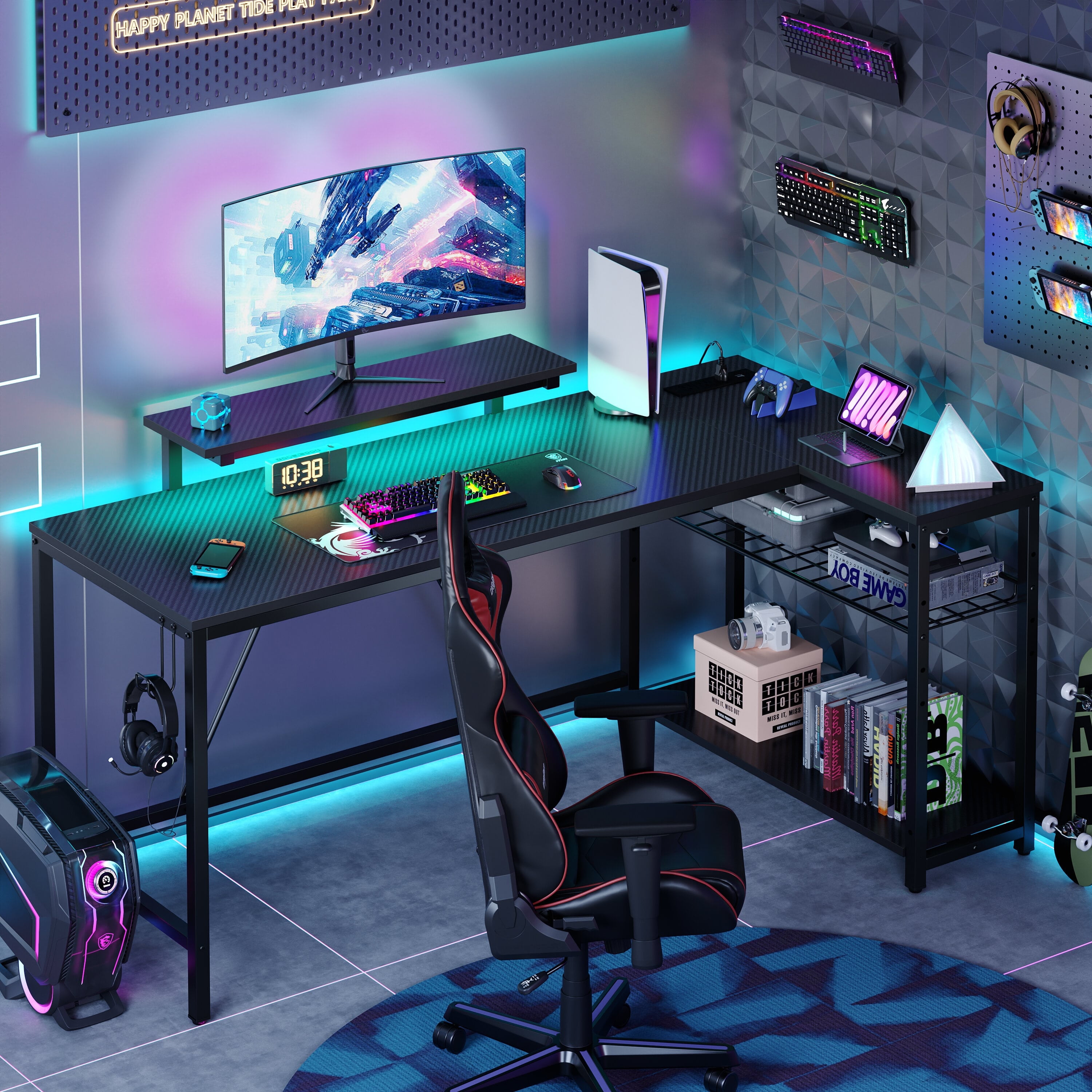 "Bestier Gamer PC Table, 58"" L-Shaped Gaming Desk with LED Lights ...
