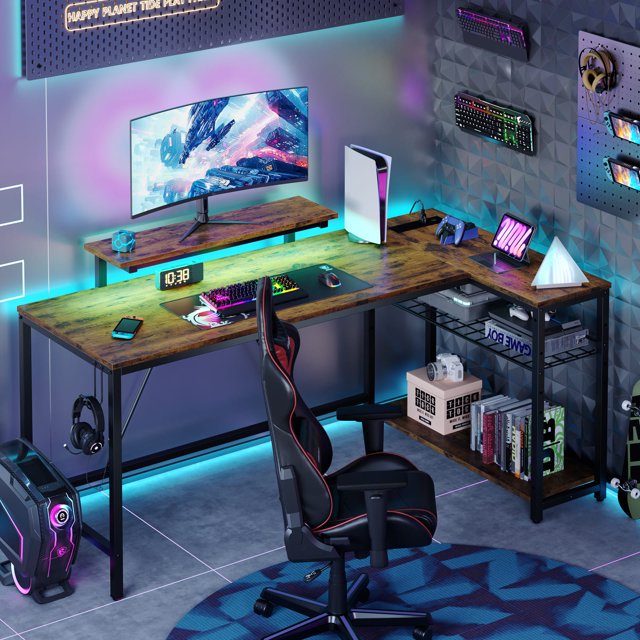 Bestier 58" Gaming Desk with LED Lights L Shaped Desk with Power Outlet ...