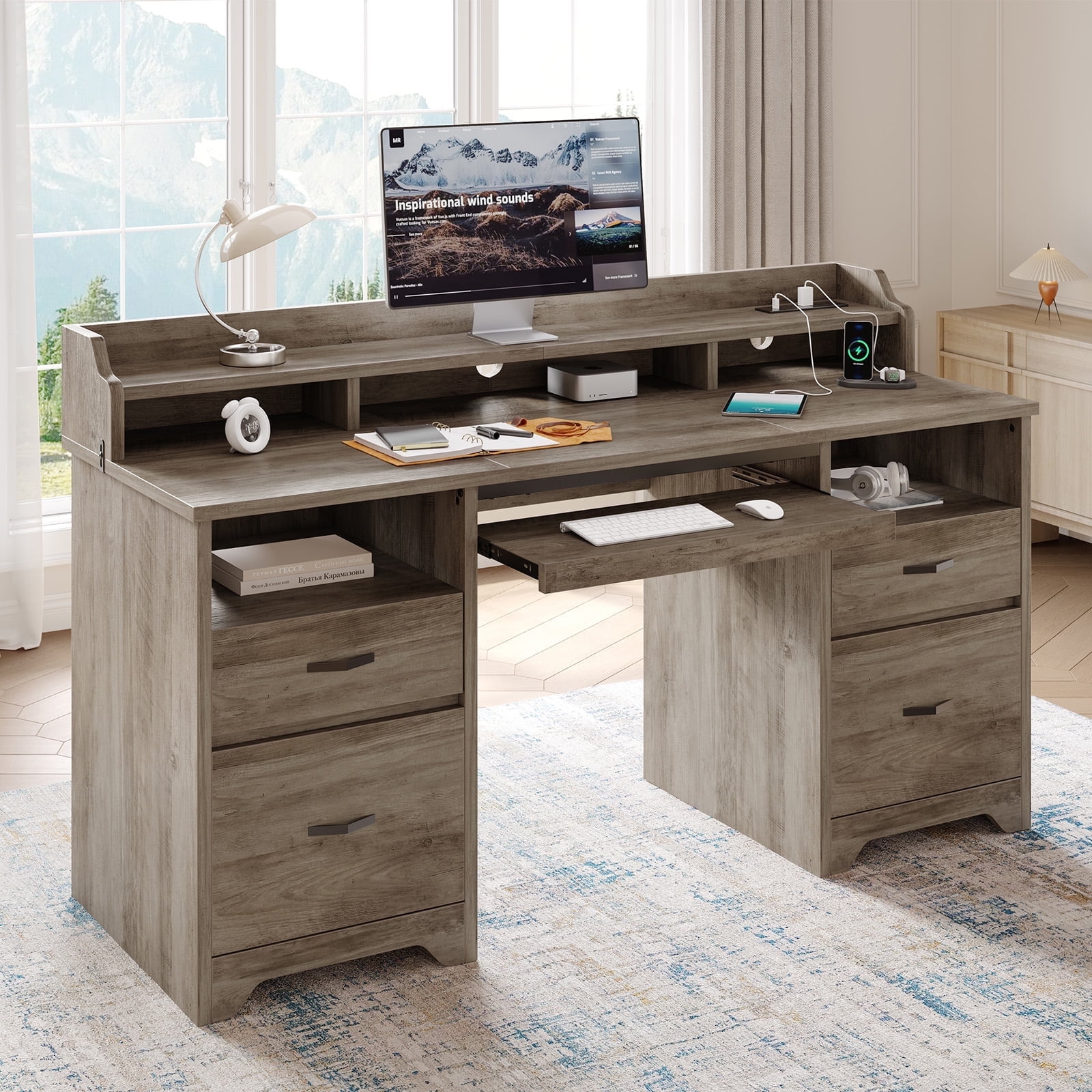 Bestier Farmhouse Executive Desk, 59 inch Gray, with Charging Station ...