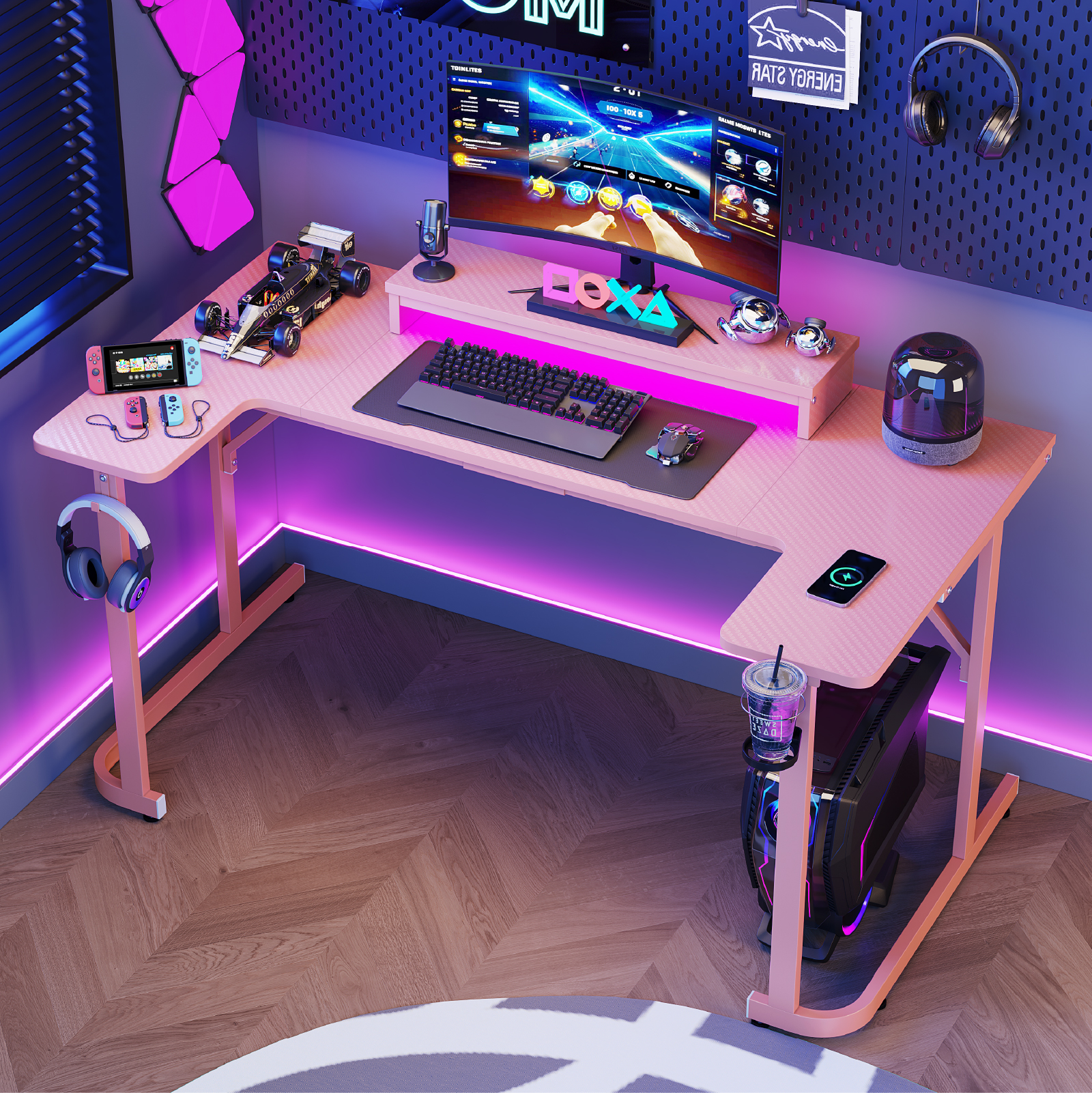 Bestier 59 inch U Shaped Gaming Desk with LED Lights, Computer Desk ...