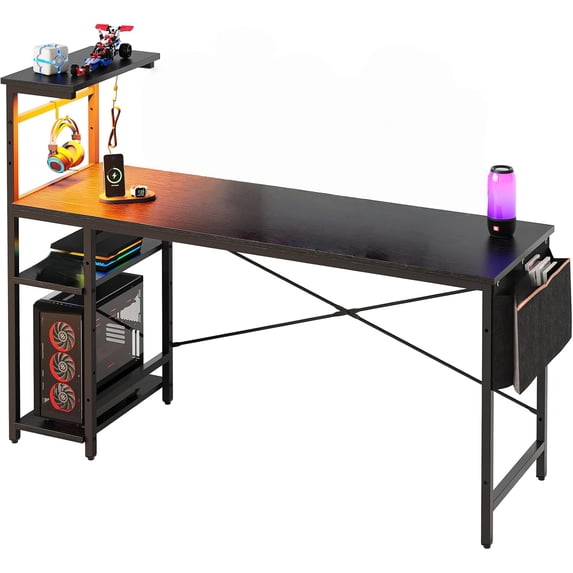 Bestier 61 Inch Gaming Desk with LED Lights, Reversible Shelves, Height ...