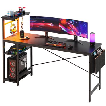 Bestier 52" Gaming Desk with LED Lights L Shaped Desk with Power Outlet ...