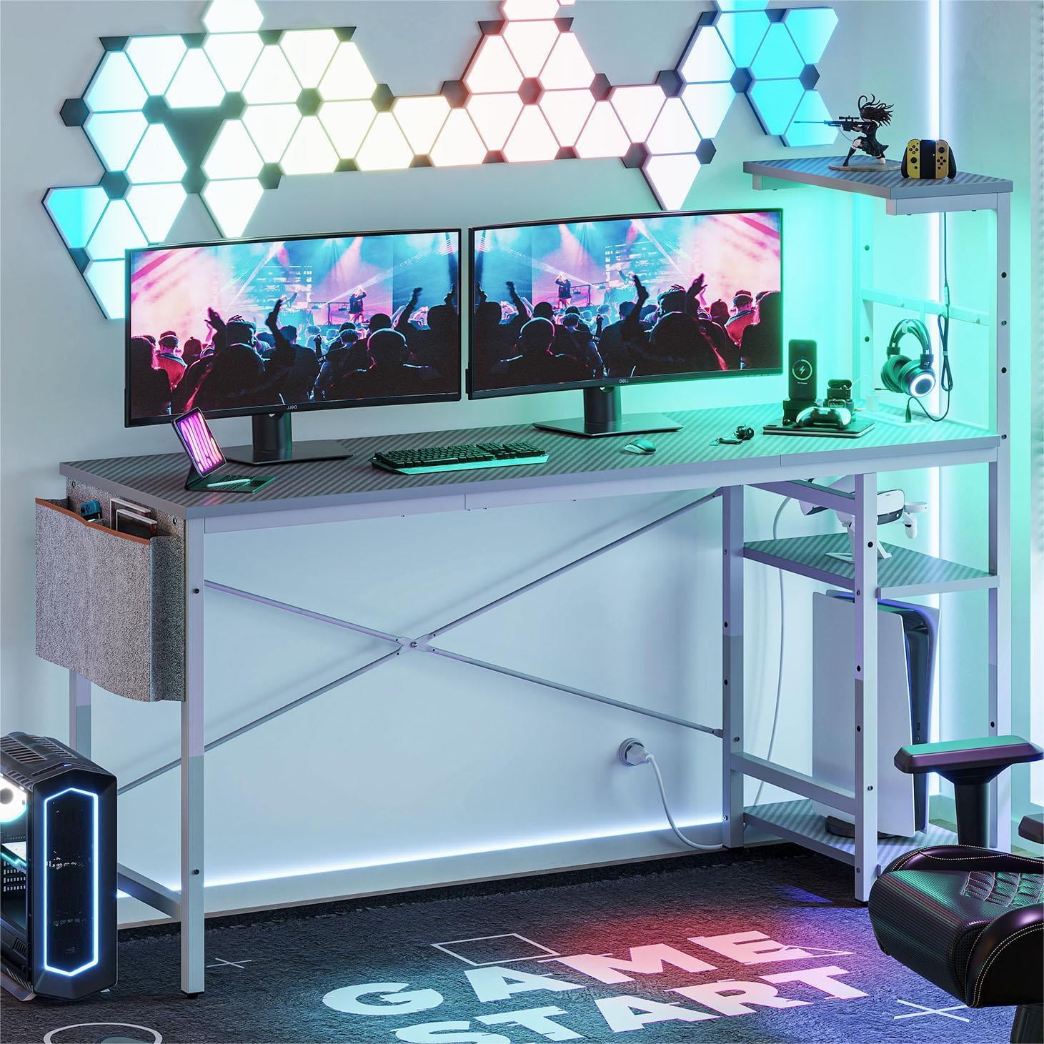 Bestier 61" Reversible Gaming Computer Desk with Power Outlet LED Desk ...