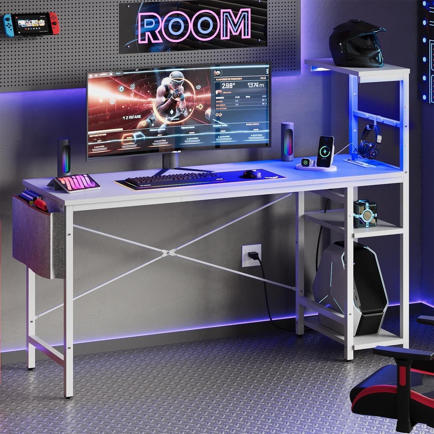 Bestier 61" Reversible Computer Desk with Outlets & LED Light, PC Desk ...