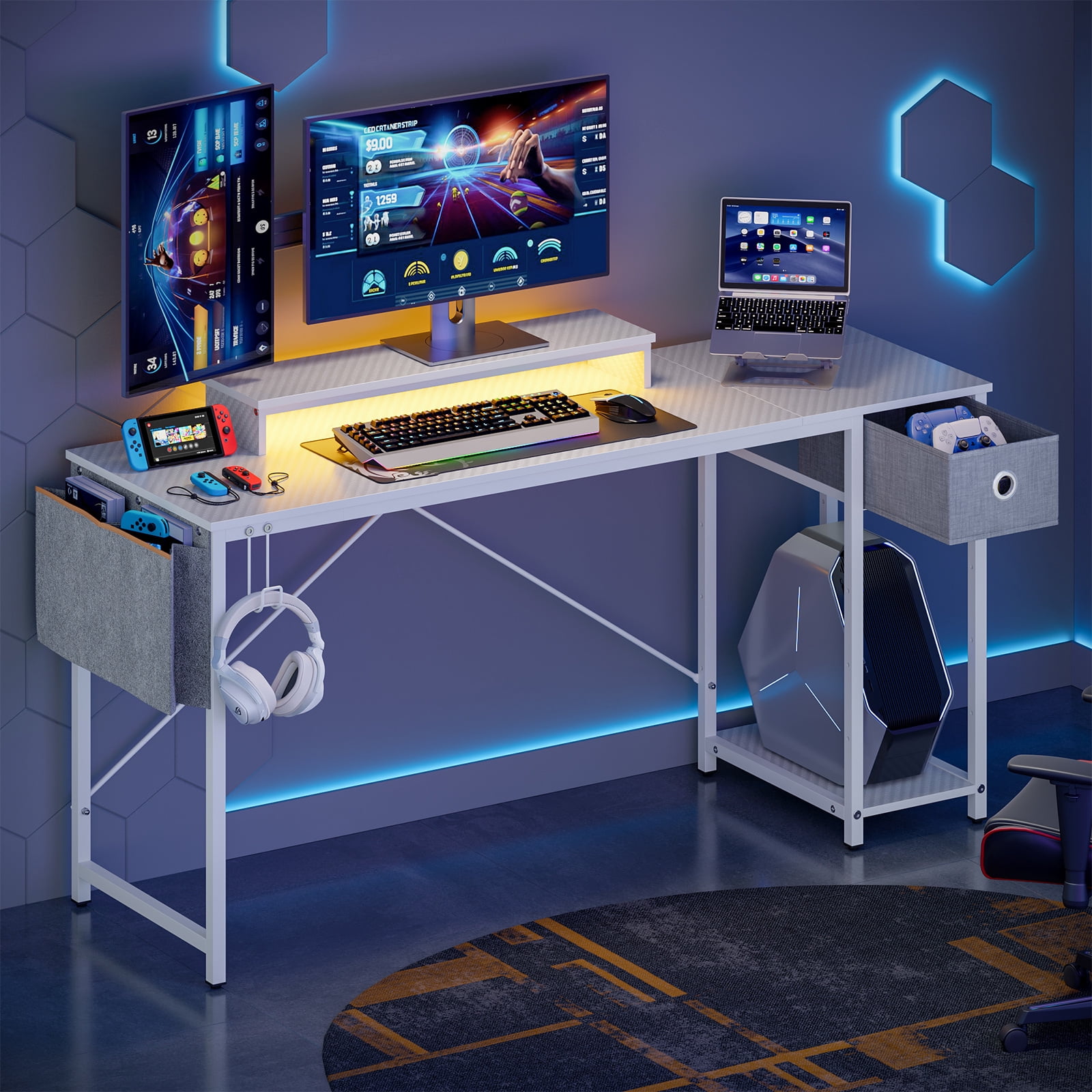 Bestier 62 inch Gaming Desk with LED Lights & Monitor Stand, Reversible ...
