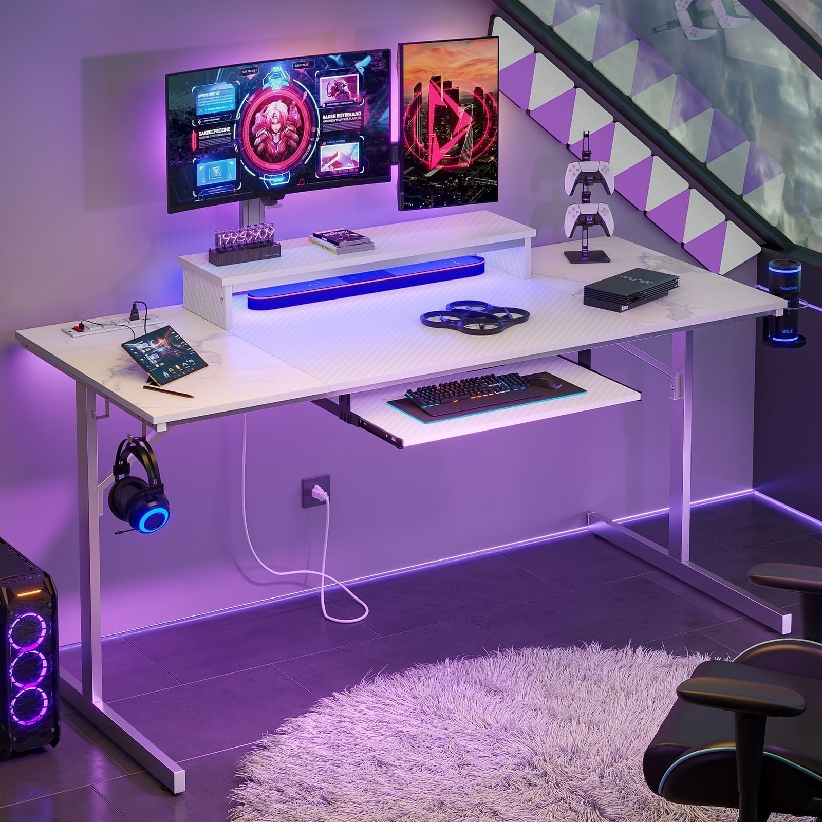 Bestier 63" Gaming Desk with LED Lights & Power Outlets, Monitor Stand ...