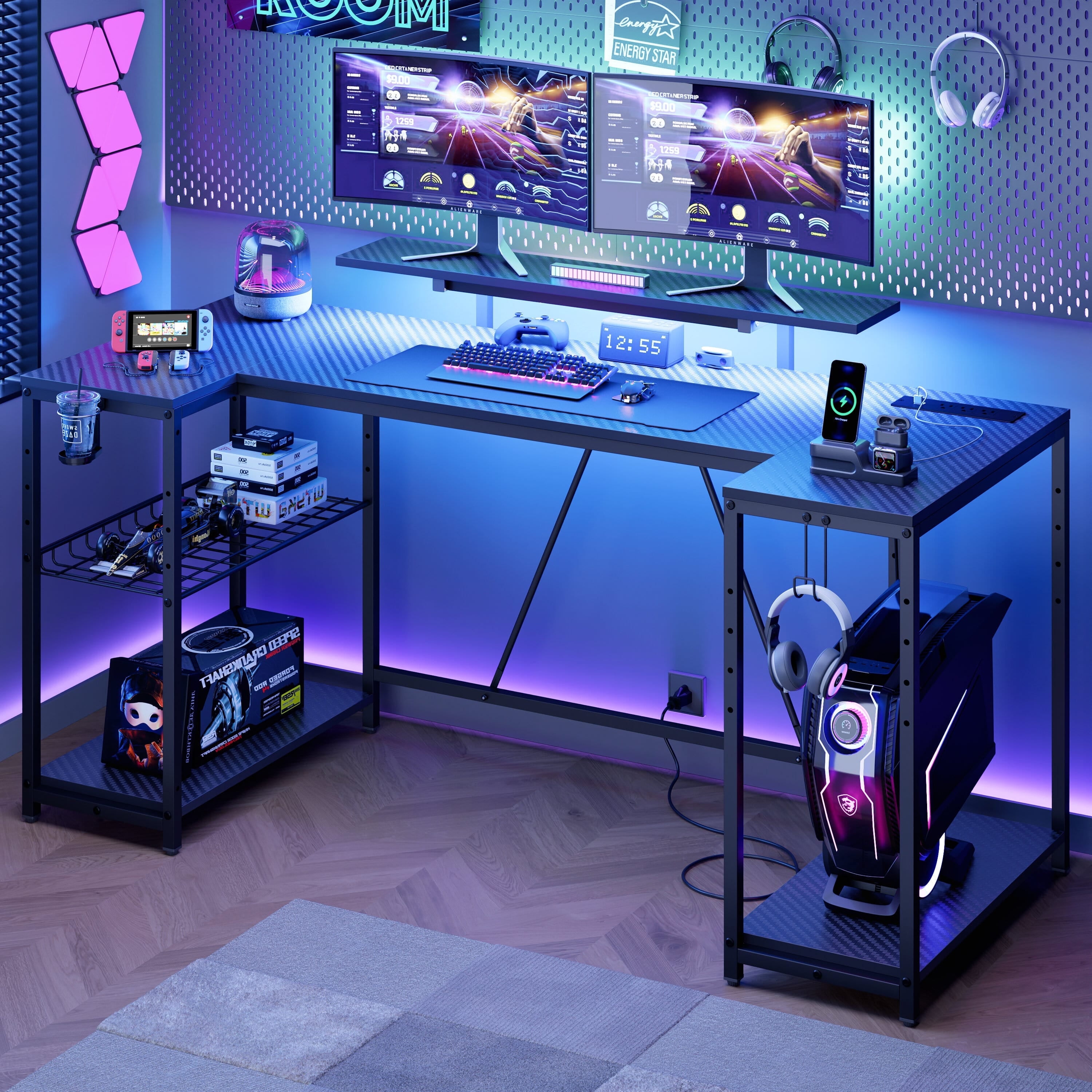 Bestier Gaming Desk 63 Inches with LED Lights, U-Shaped Computer Desk ...