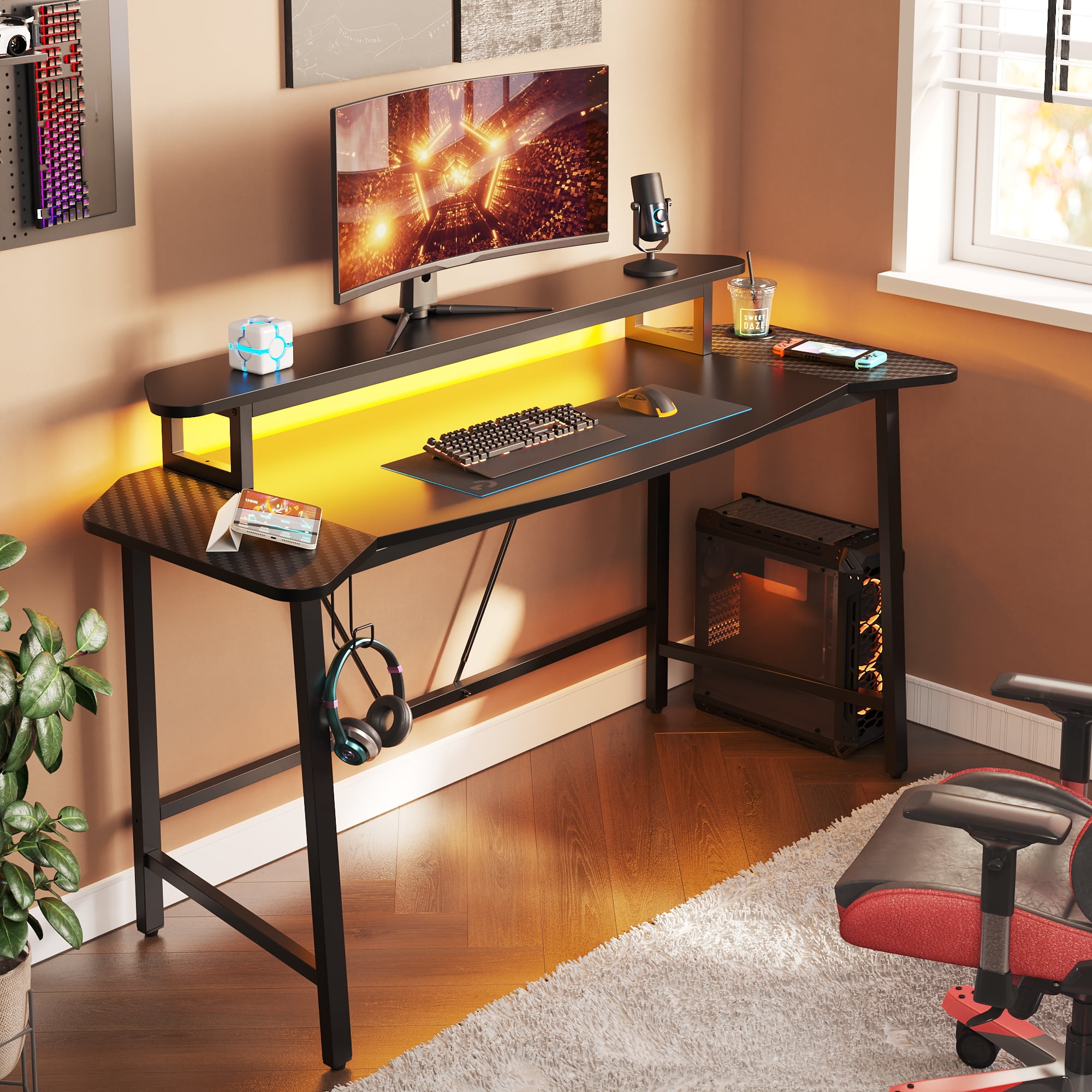 Bestier Gaming Desk 63" Ergonomic Computer Table with LED Lights ...