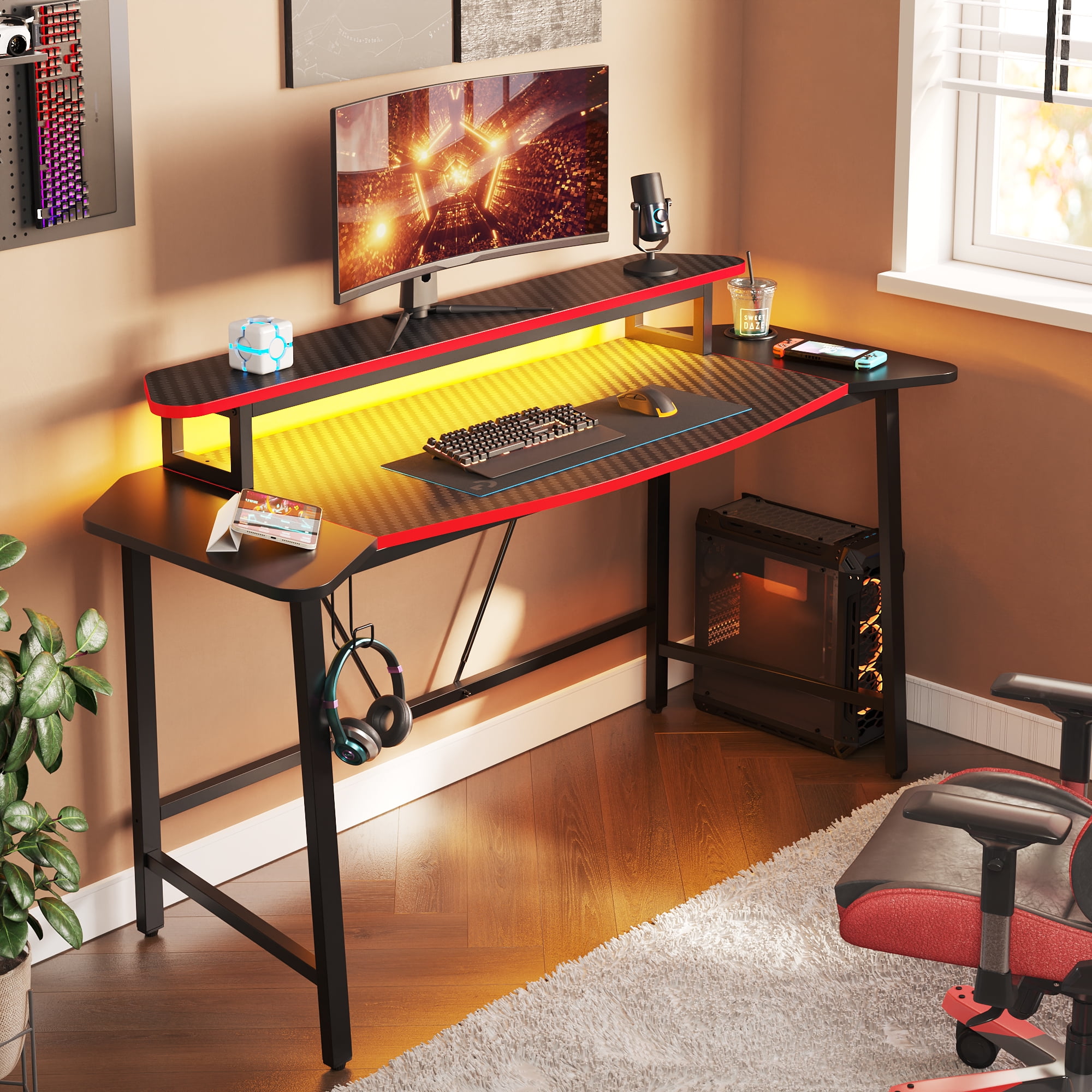 Bestier Gaming Desk - LED Lights, Monitor Stand, Cup Holder - Walmart.com