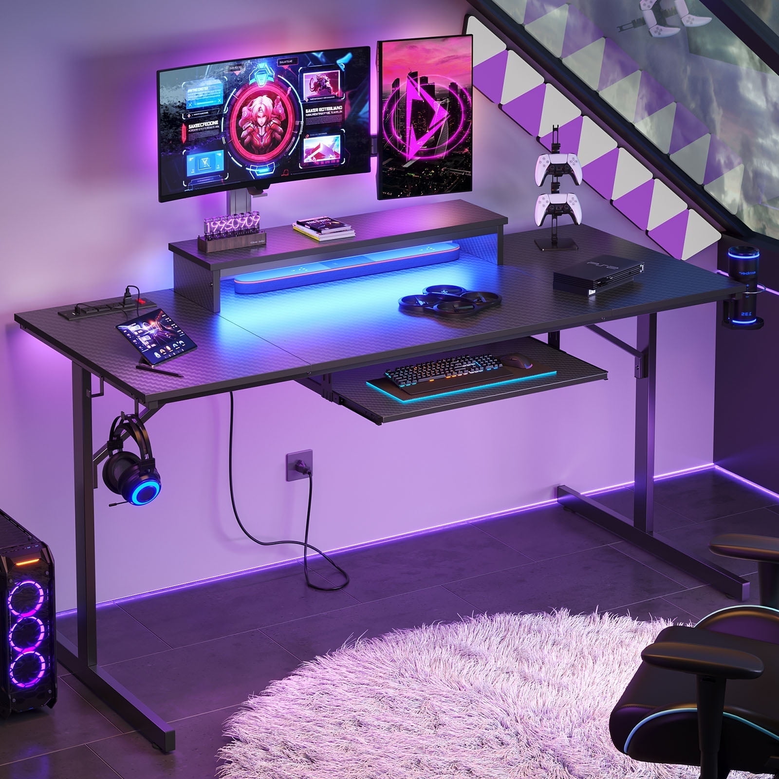 Bestier 63" Gaming Desk with Keyboard Tray & LED Lights , with Monitor ...