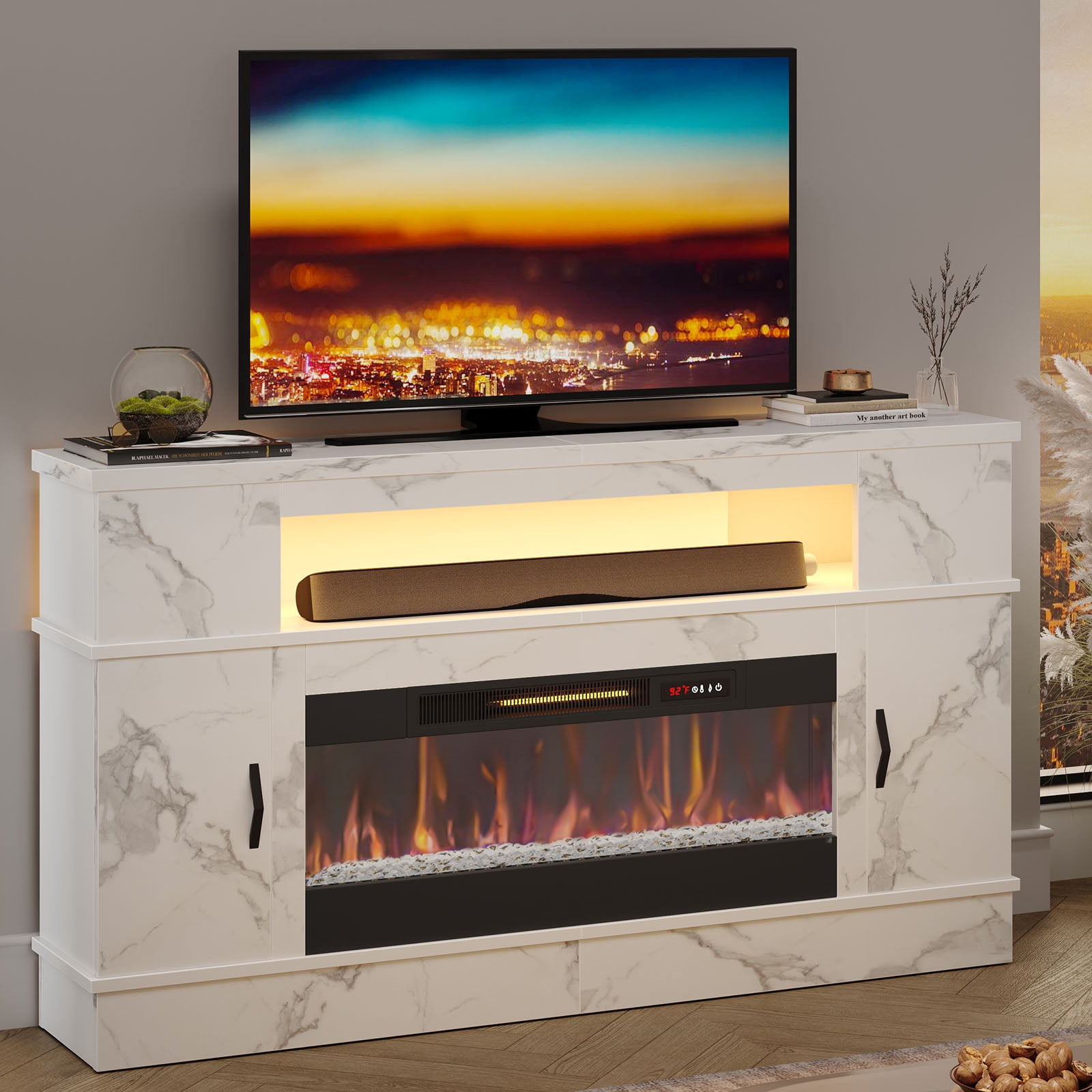 Bestier 63" LED TV Stand with 36" Electric Fireplace and Storage ...