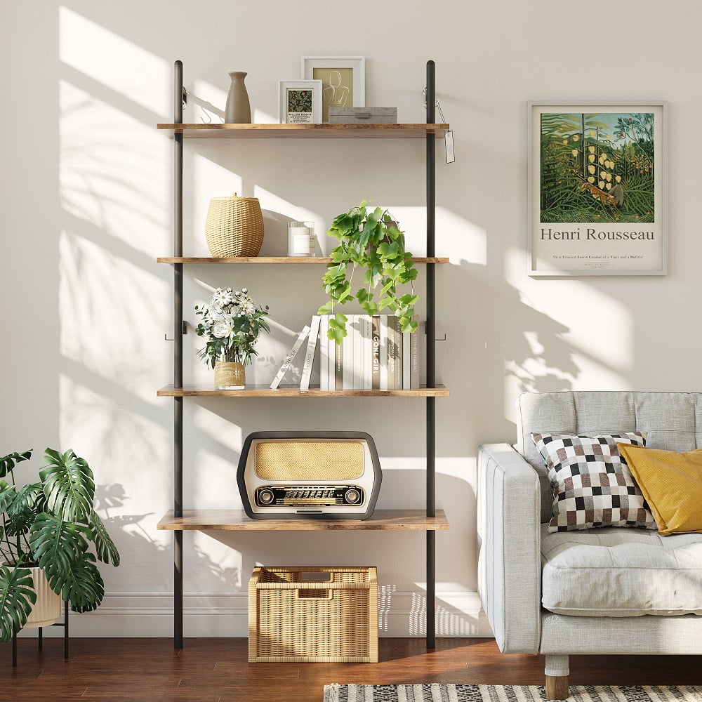 Bestier 65" Industrial Wall-Mounted Ladder Shelf 4 Tier Bookshelf ...