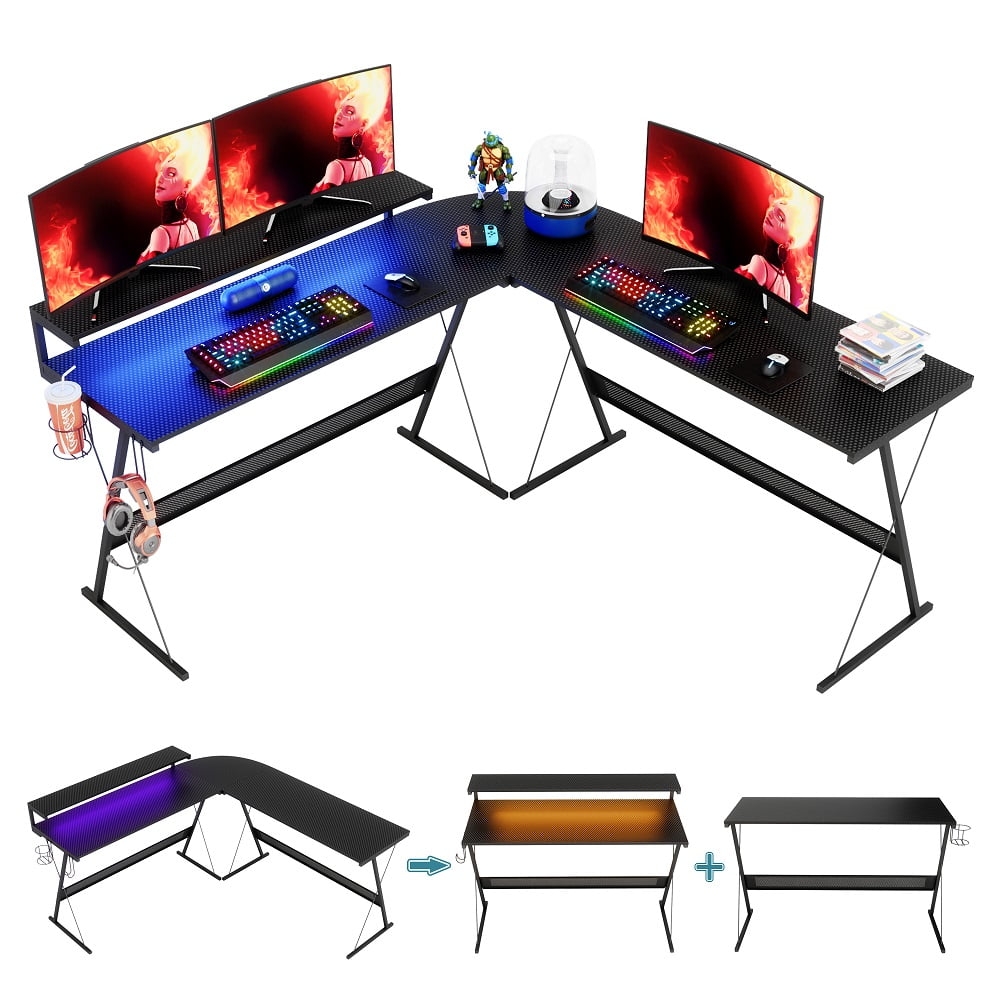 Bestier 65 inch L Shaped Large Carbon Fiber Computer Desk with Monitor ...