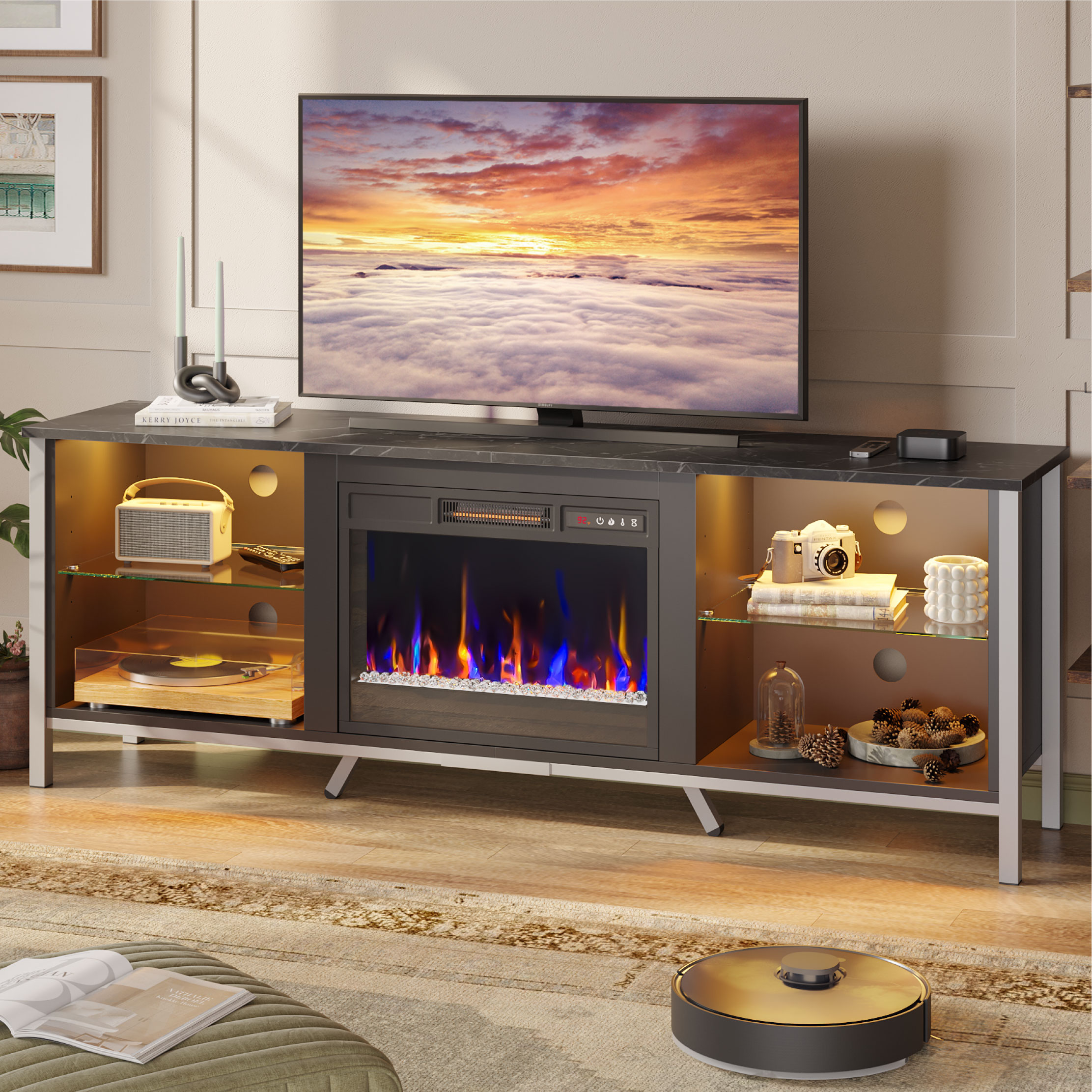 York WH02 Fireplace TV Stand for TVs up to 90", Modern High Gloss 79" Entertainment Center ...