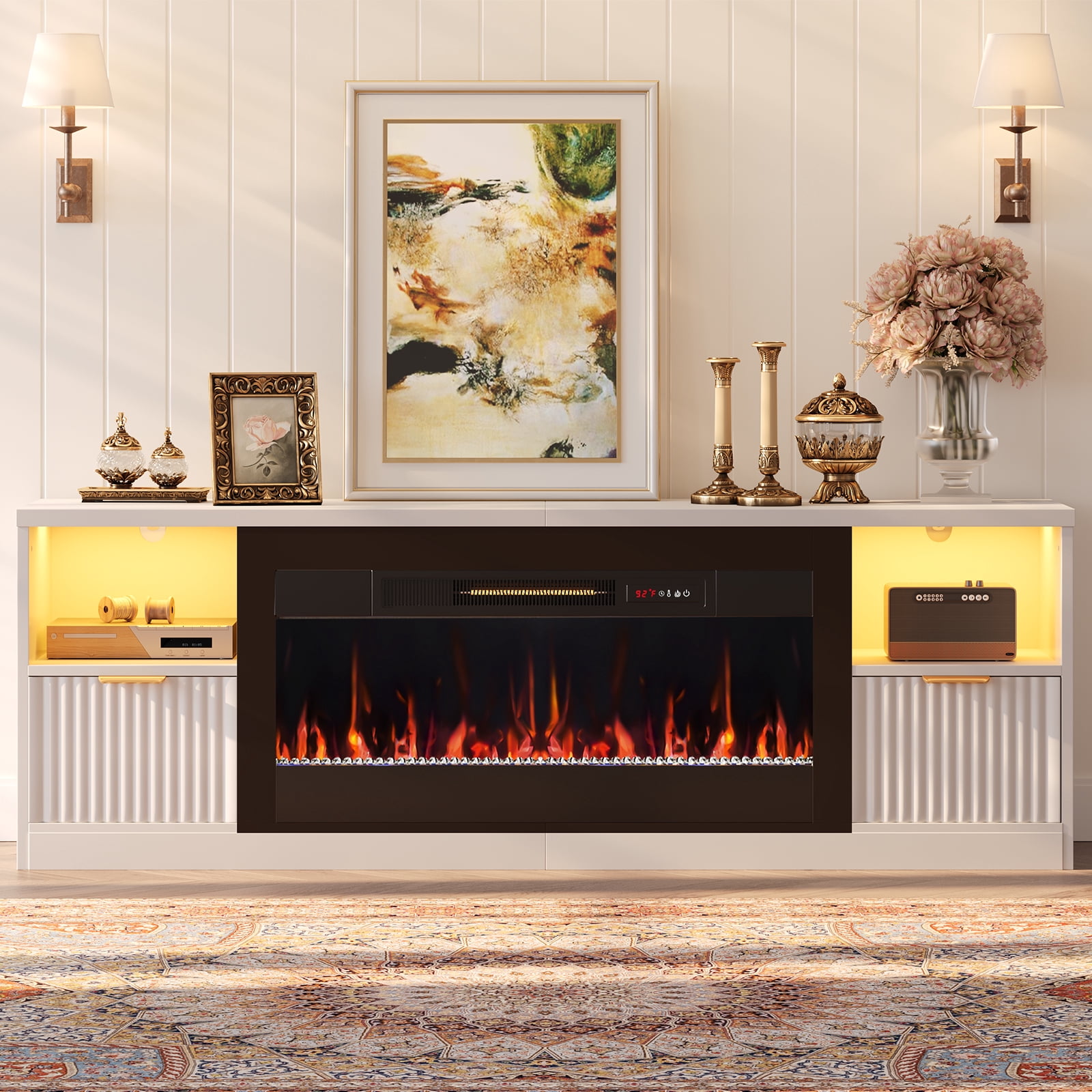 Bestier 70" Fluted Glossy Fireplace TV Stand with 36" Fireplace & LED ...