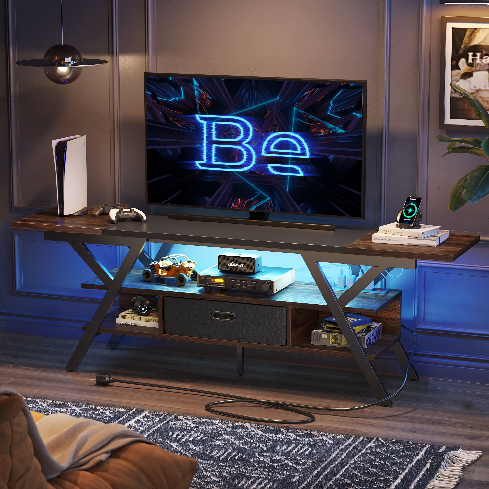 Bestier 70 Inch Modern TV Stand, Console Table with Power Outlets & LED ...