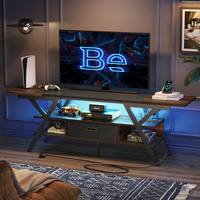 Bestier 70 Inch Modern TV Stand, Console Table with Power Outlets & LED ...