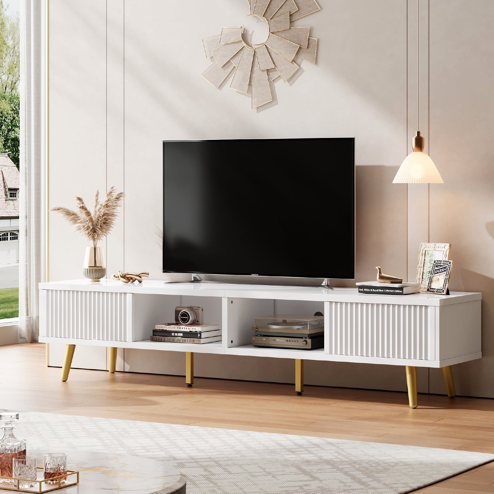 Bestier 71 inch Fluted TV Stand for TVs up to 75", Modern High Gloss ...