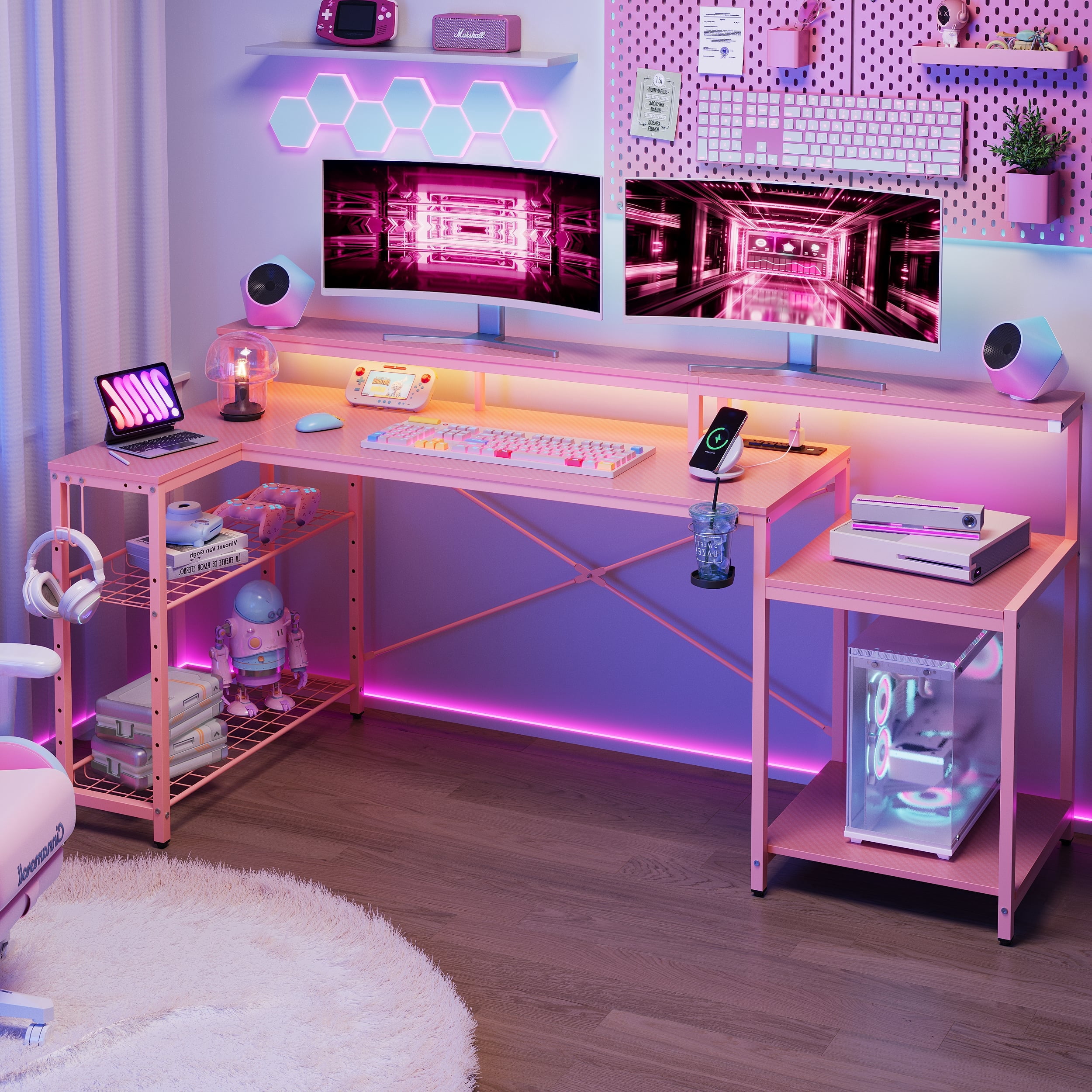 Bestier 71 inch L-Shaped Gaming Desk with Power Outlets LED Computer ...