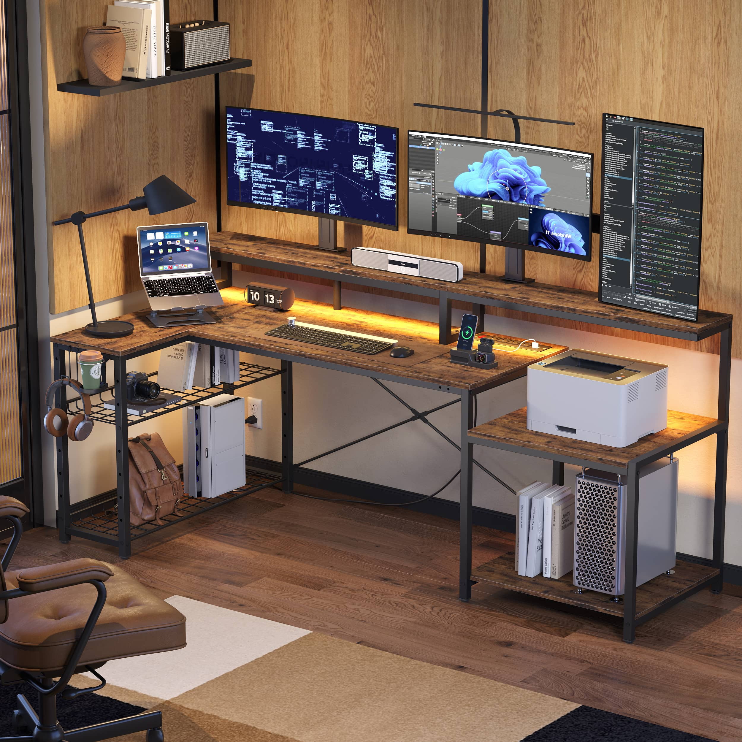"Bestier 71"" Gamer Desk, L-Shaped, LED, Monitor Stand, Power Outlets ...