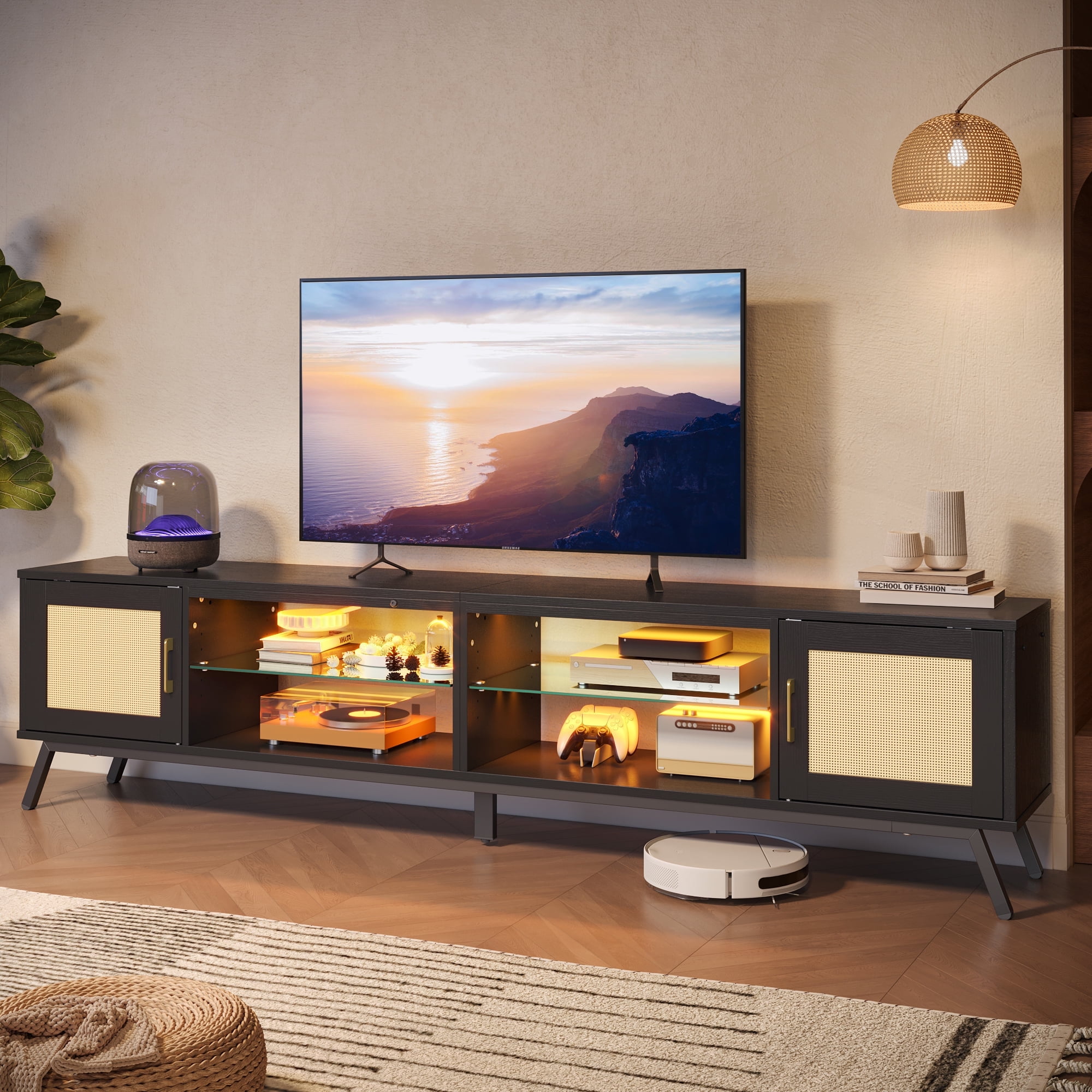 Bestier 80" Black TV Stand with LED for TVs up to 85", Rattan Mid ...