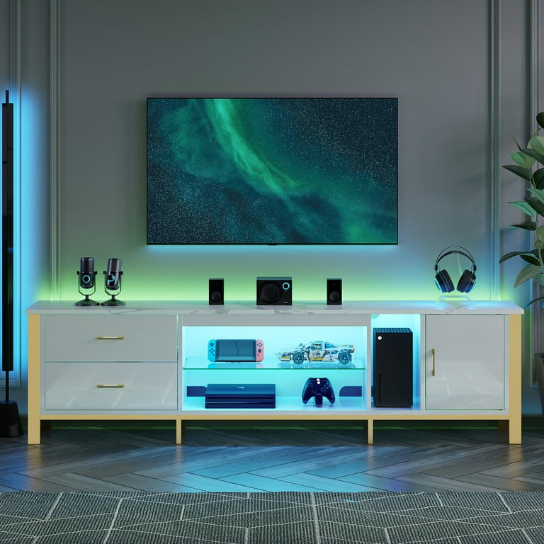 Bestier 80 Modern TV Stand LED Entertainment Center High Gloss Console Table for TVs up to 85 with Storage Cabinet and Drawers White