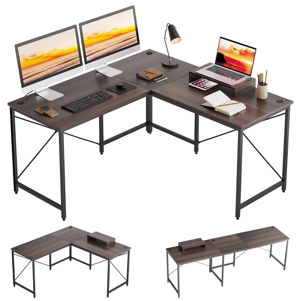 Bestier 95.2 inch L-Shaped Computer Desk with Monitor Stand Brown ...