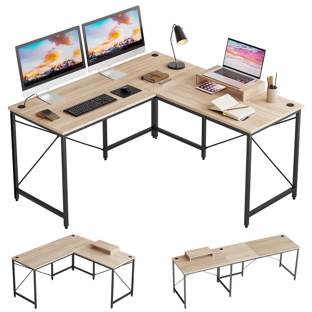 Bestier 95.2 inch L-Shaped Computer Desk with Monitor Stand Oak ...