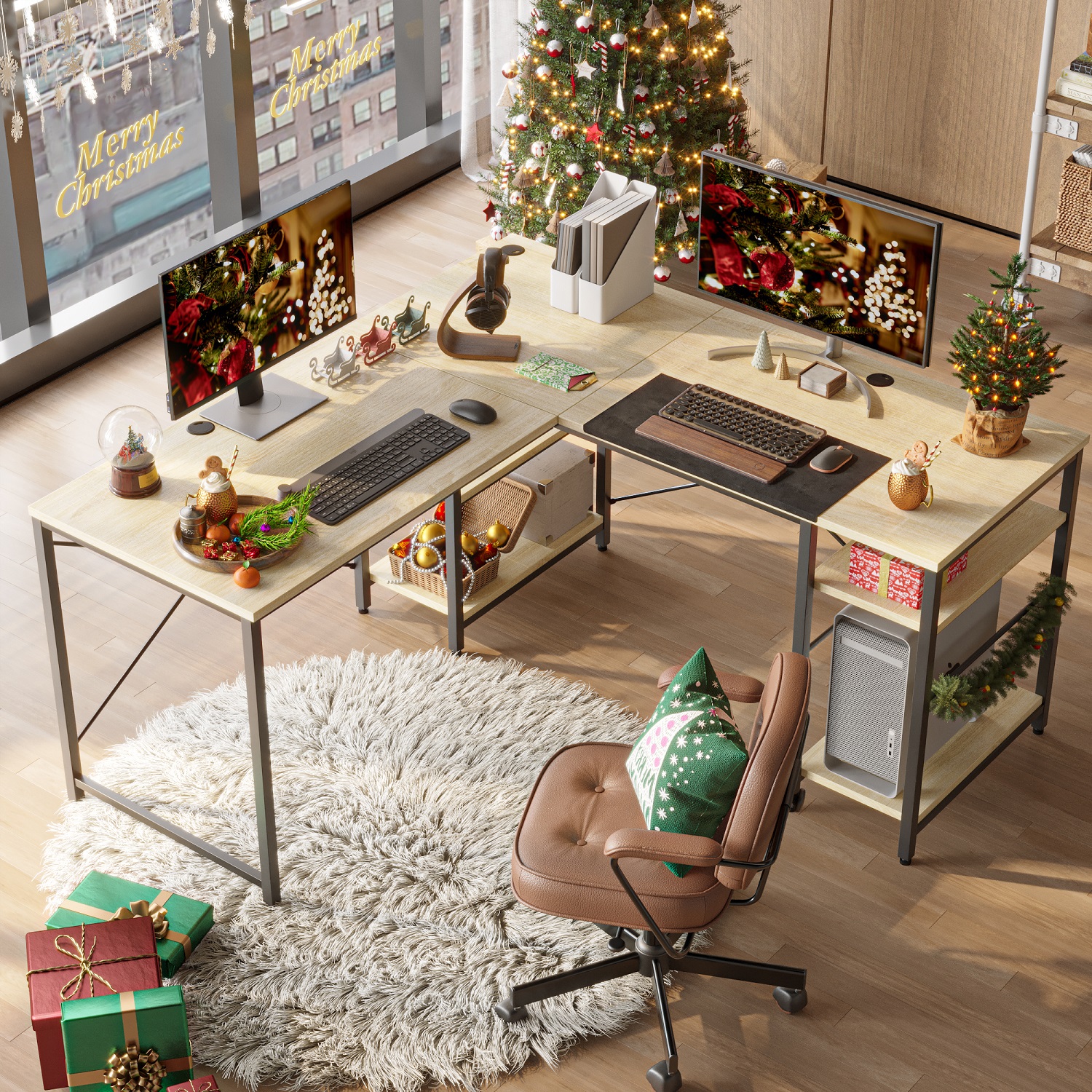 Bestier 95.5 inches L-Shaped Computer Desk Long Table for Home Office ...