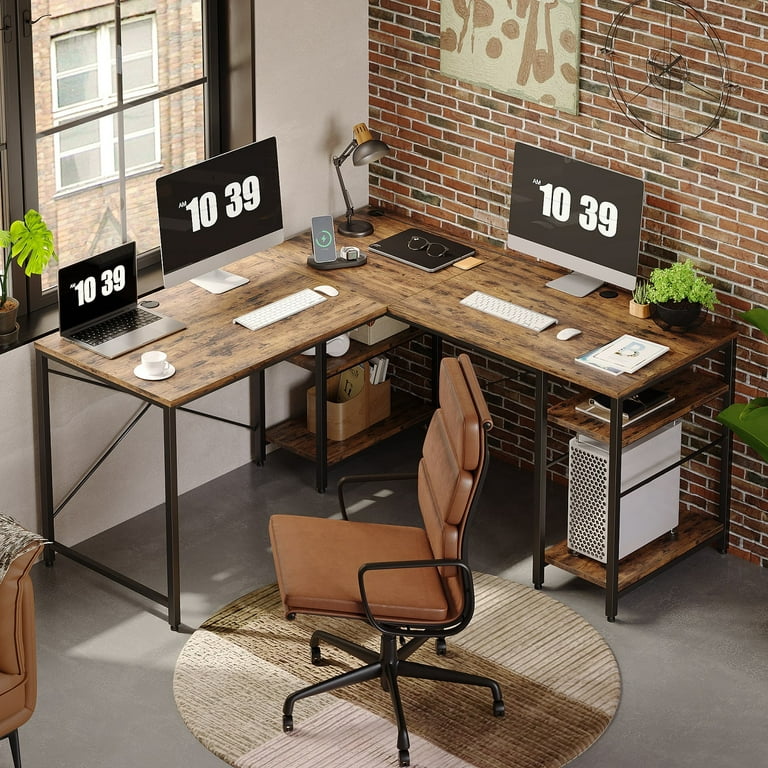 Bestier 95.5 inches L Shaped Computer Desk Long Table for Home Office Rustic