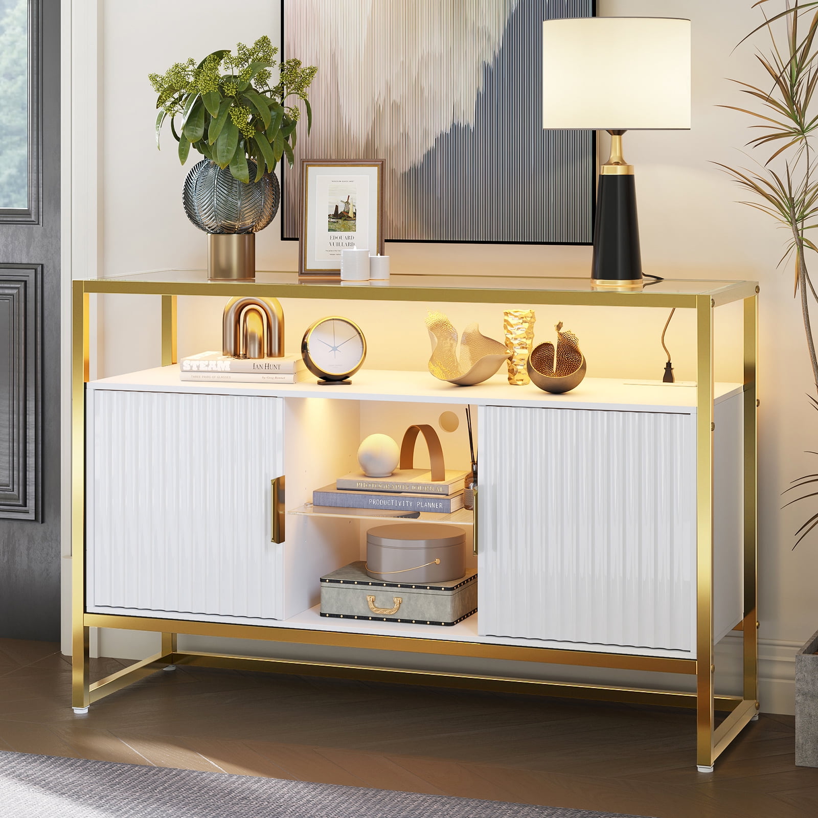 Bestier 47" LED Coffee Bar Cabinet - Modern, with Power Outlet & Glass ...