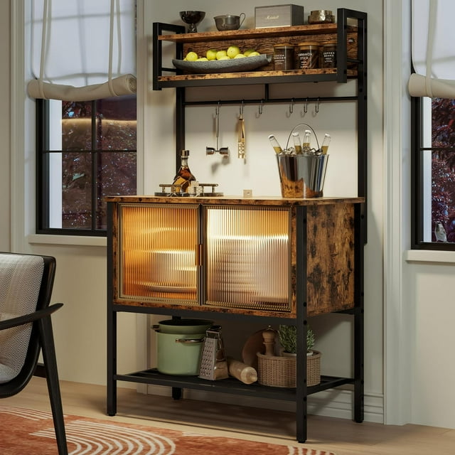 Bestier Coffee Bar with Storage, 5 Tier Microwave Stand with LED Lights ...