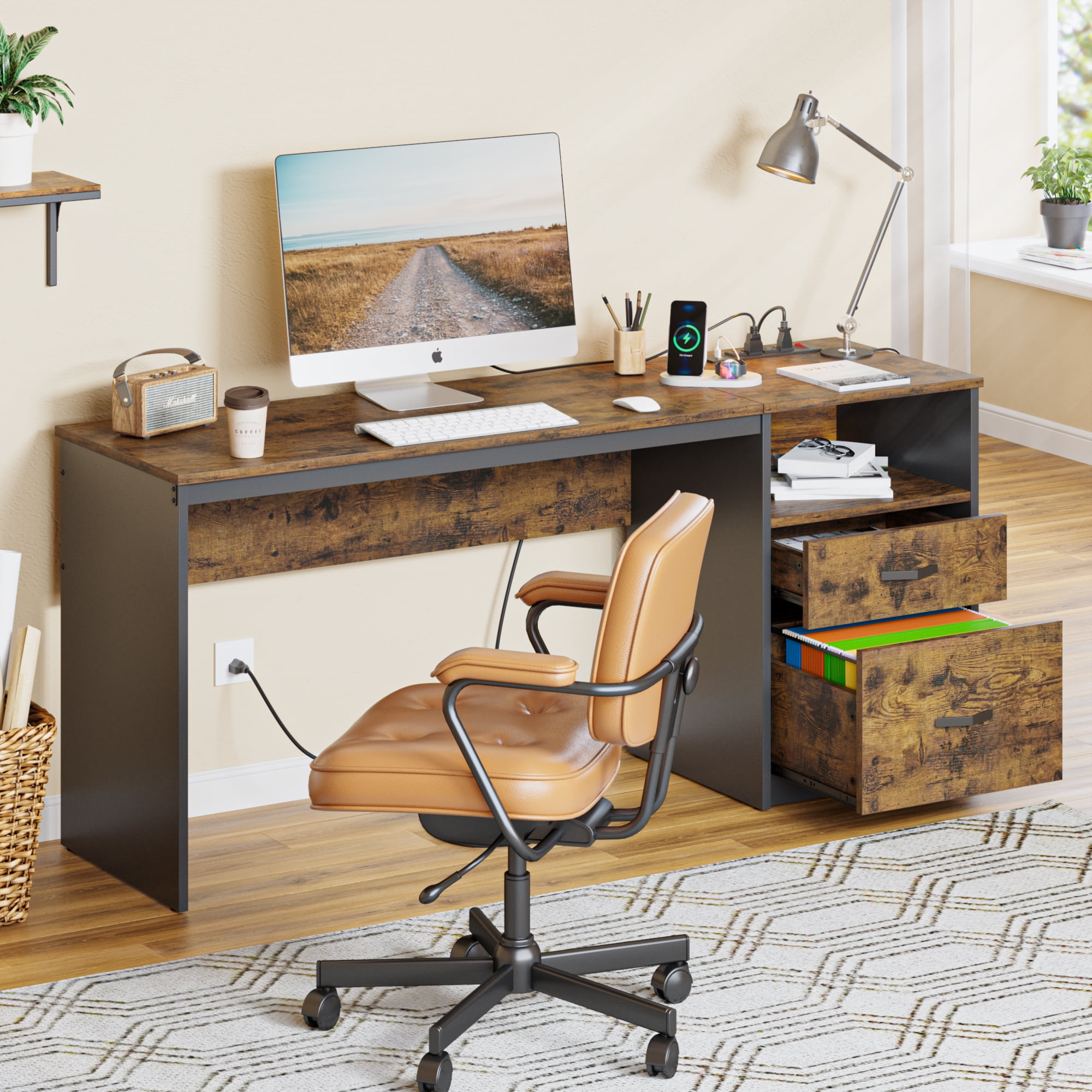 "Bestier 60"" Office Desk with Drawers & Power Outlet, Rustic Large ...