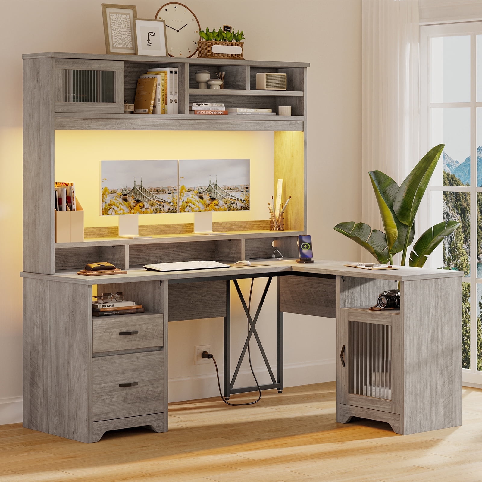 Bestier Farmhouse 63" L Shaped Desk with Hutch, Wood Computer Desk with ...