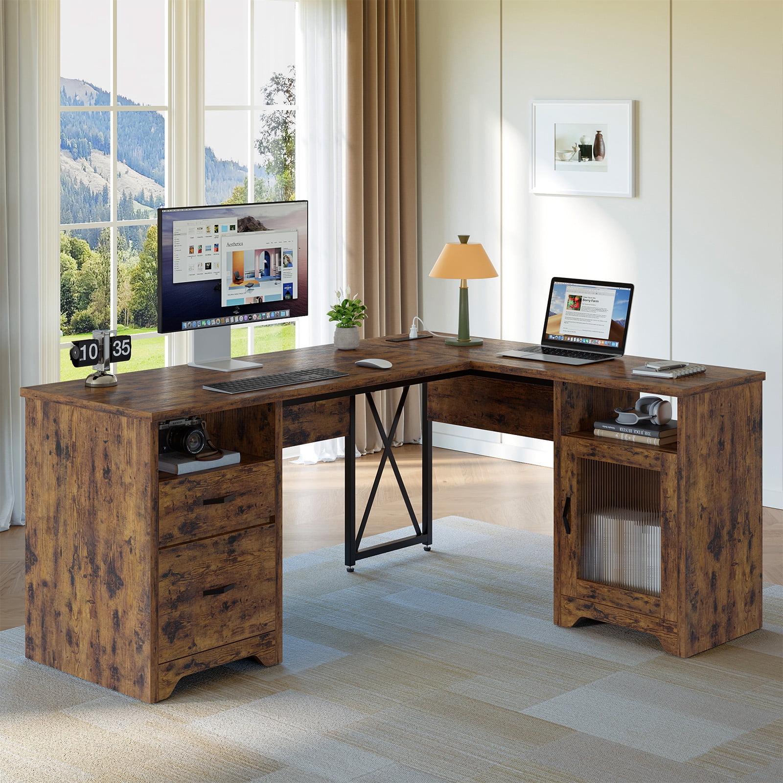 Bestier Farmhouse L Shaped Desk with Drawers, 63"Office Computer Desk ...